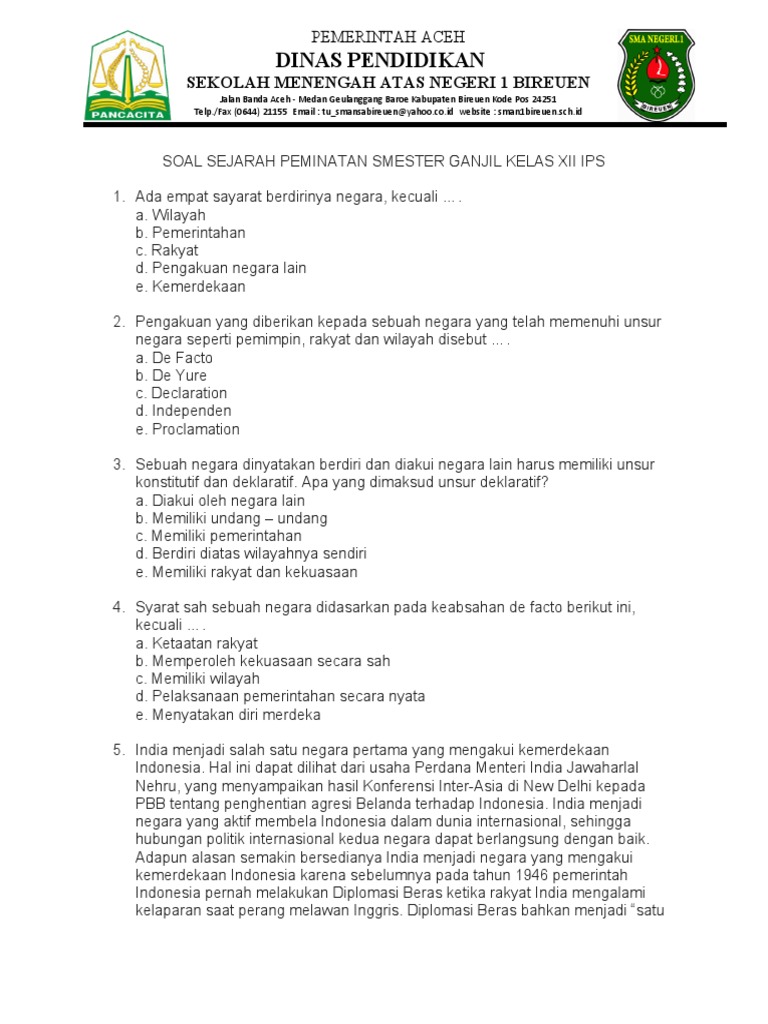 Soal Sejarah Peminatan Semester Ganjil Kelas Xii Ips 2021 | PDF