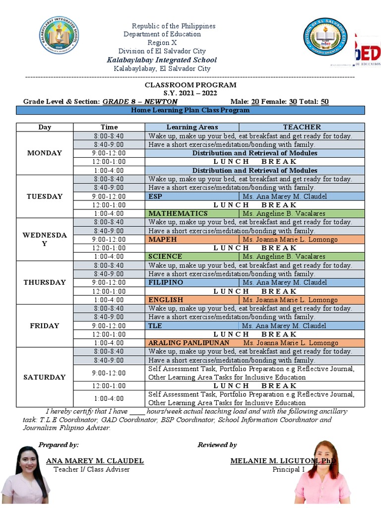 HLP Class Program G 8 2021 2022 | PDF | Pedagogy | Education Theory