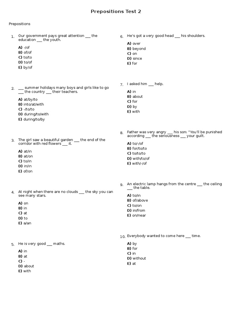 Prepositions Test with Answers | PDF