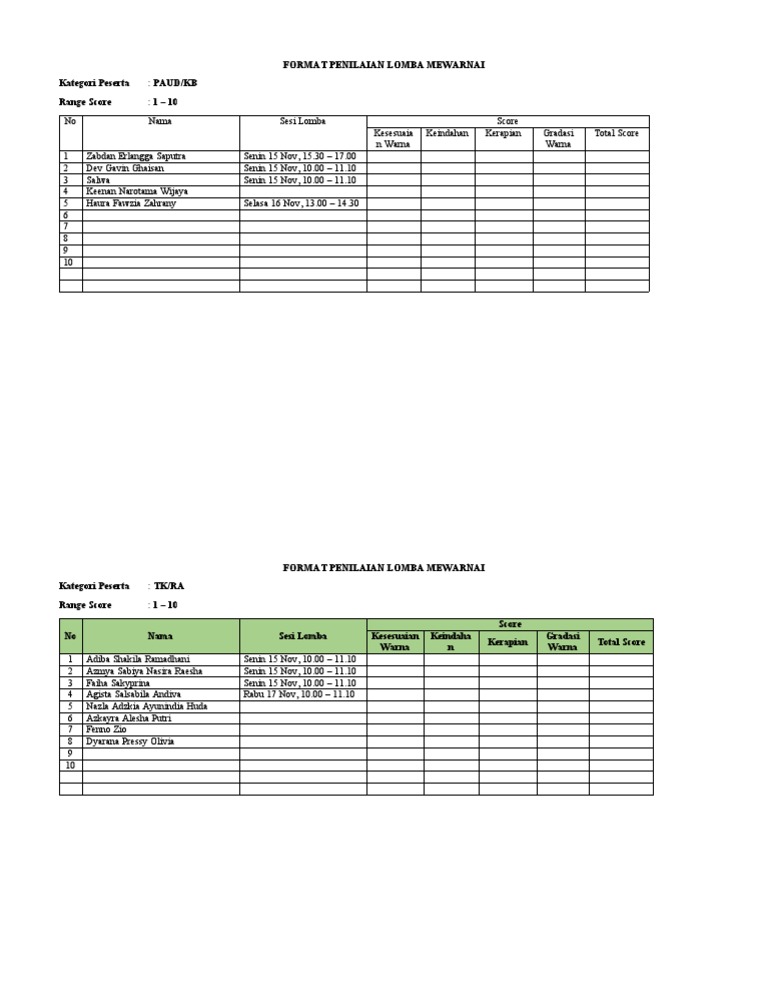 Format Penilaian Mewarnai TK PAUD Untuk Lomba Mewarnai PAUD/TK | PDF