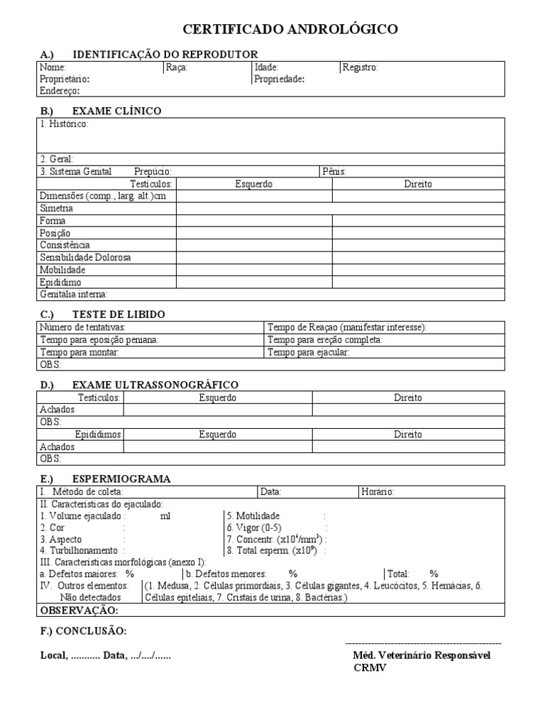 Relatório de exame andrológico completo com avaliação clínica, teste de ...