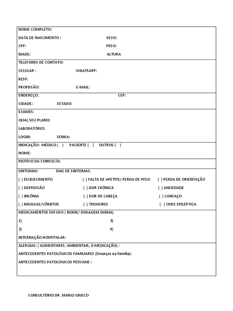 Ficha Paciente Preencher | PDF