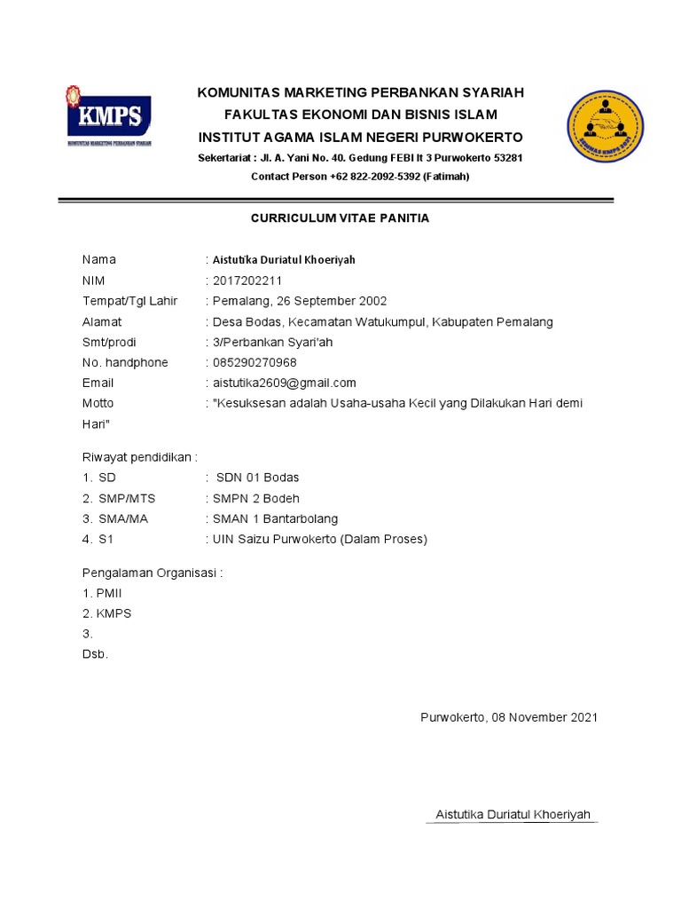 CV Panitia Seminar KMPS 2021 - Aistutika Duriatul Khoeriyah | PDF