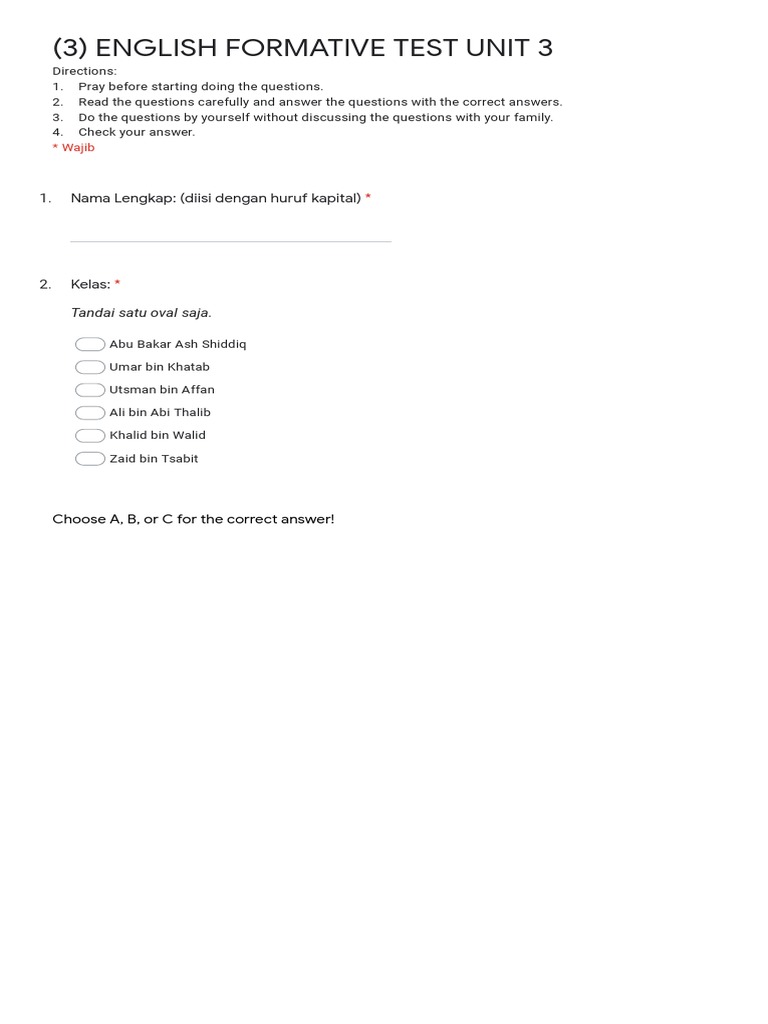 ENGLISH FORMATIVE TEST UNIT 3 - Google Formulir | PDF