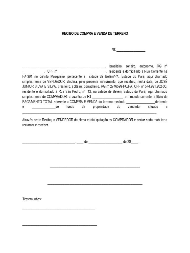 Recibo de compra e venda de terreno | PDF