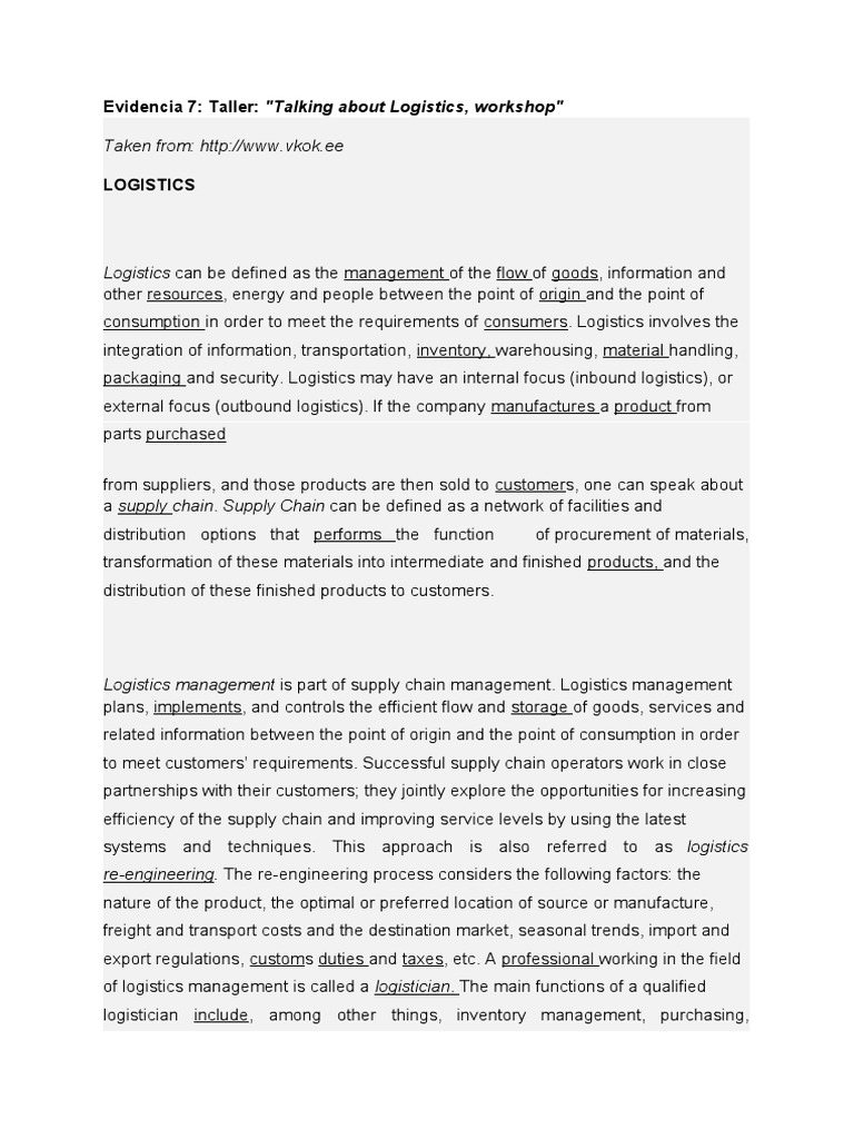 Evidencia 7 - Taller - Talking About Logistics, Workshop | PDF ...