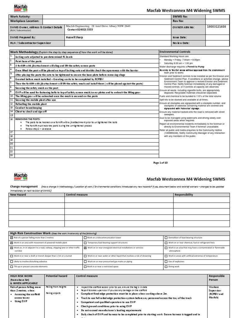 4.9 - Sample SWMS | PDF | Occupational Safety And Health | Traffic