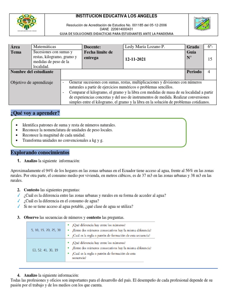Guia 15 Matematicas Sexto | PDF | Kilogramo | Agua