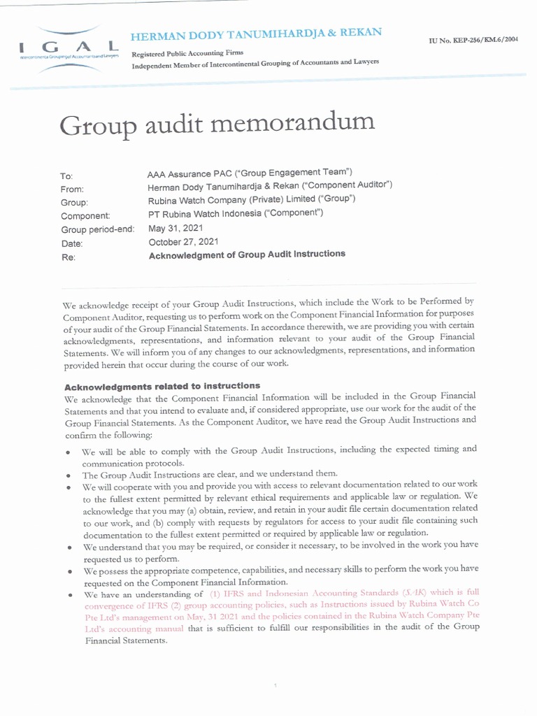 A1 - Acknowledgment of Group Audit Instructions Done117112021 | PDF