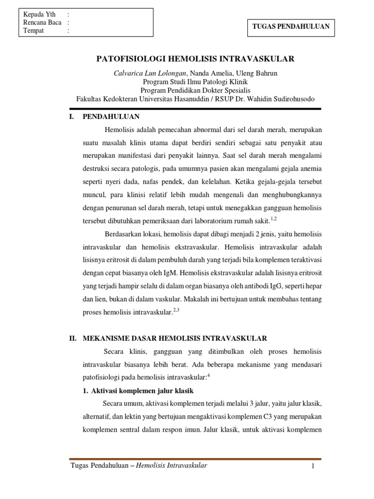 Tugas Pendahuluan Patofisiologi Hemolisis Intravaskular | PDF