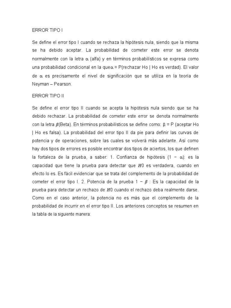 Estadistica Tipos de Errores I y II | PDF | Errores tipo I y tipo Ii ...