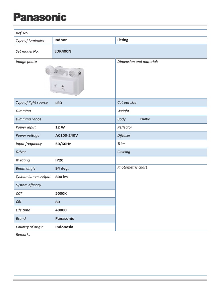 Emergency Lamp Panasonic LDR400N | PDF