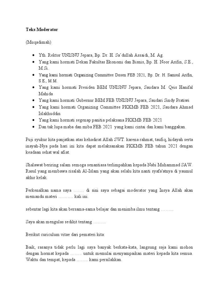 Teks Moderator PKKMB FEB 2021 | PDF