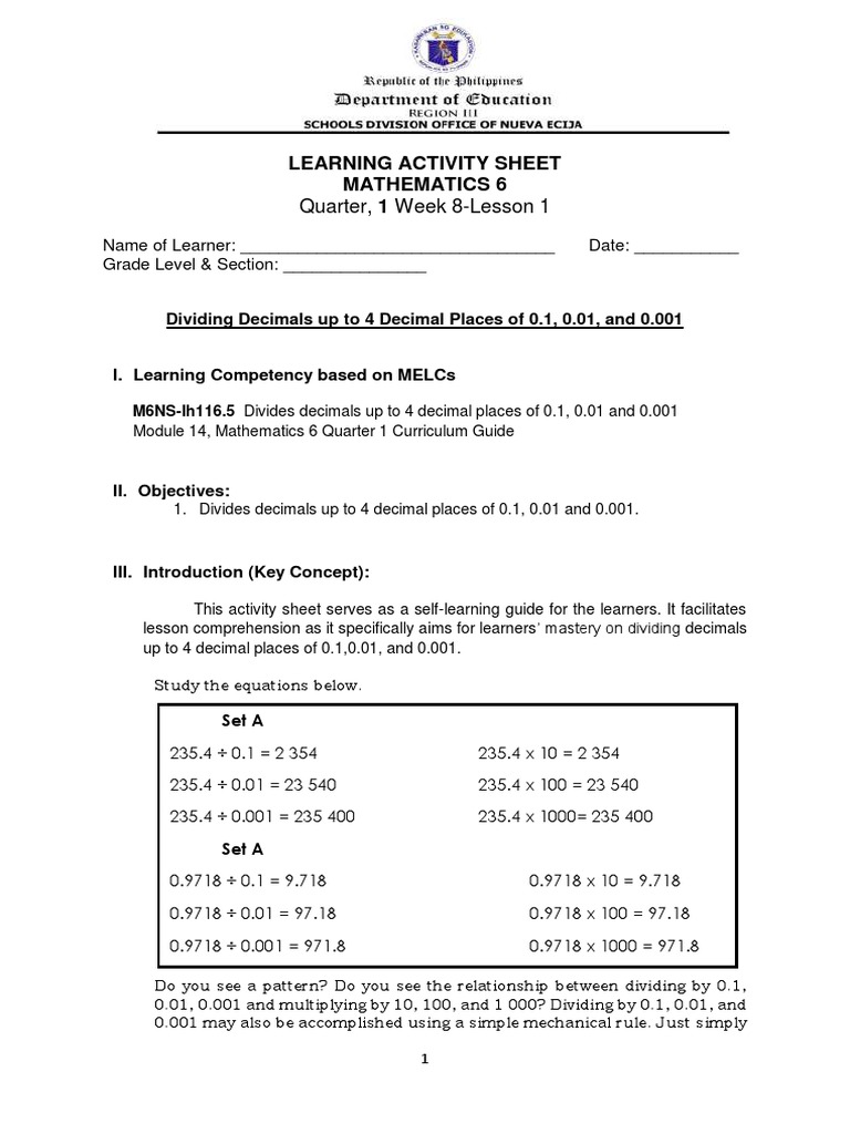 Mathematics6 - LAS - q1 - w8 - Lesson2 - Dividing Decimals Up To 4 ...