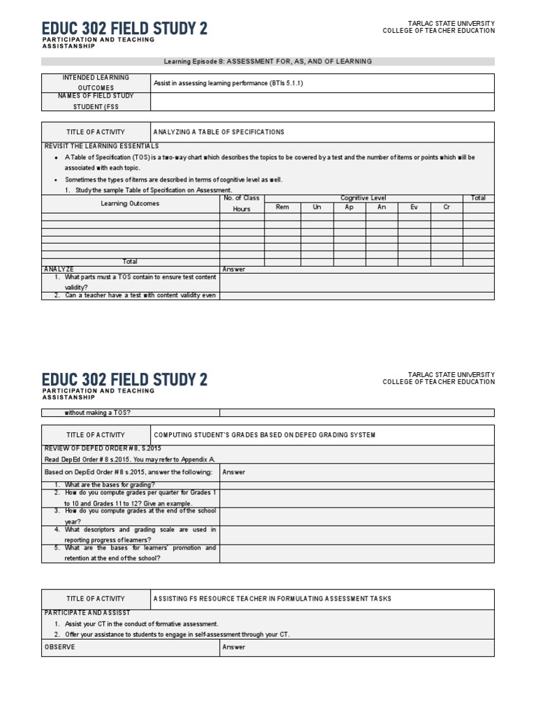 EDUC 302 Learning Episode 8 Assessment For, As, and of Learning 1 | PDF ...