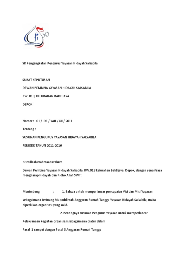 Contoh SK Pengurus Yayasan | PDF