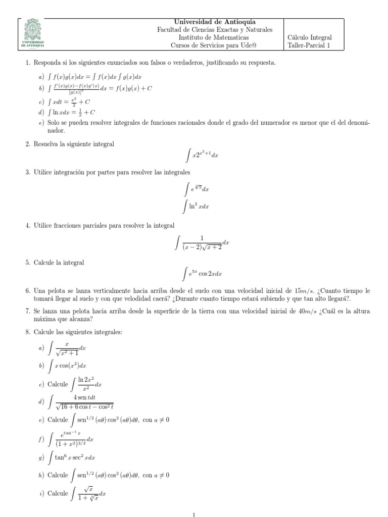 Taller 1 CALCULO INTEGRAL | PDF | Funciones trigonométricas | Integral