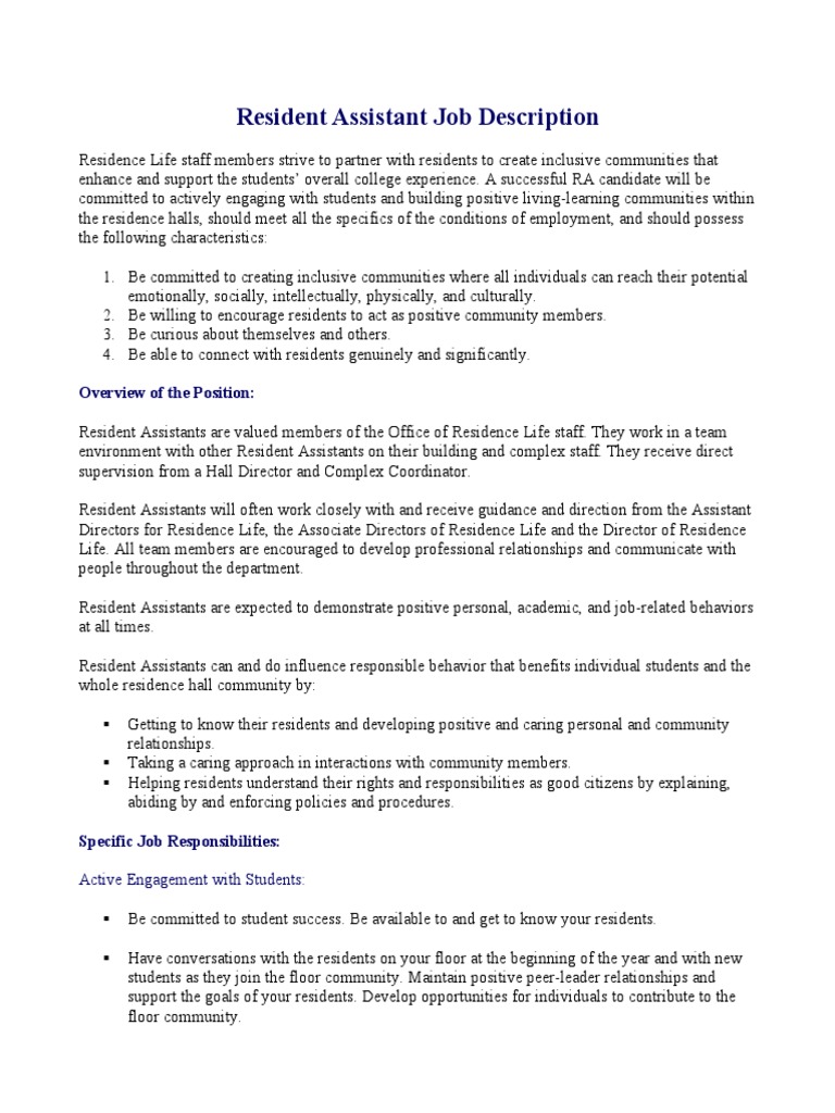 Resident Assistant Job Description: Overview of The Position | PDF ...