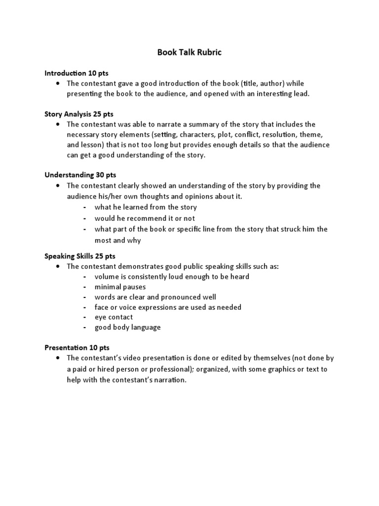 Book Talk Rubric: Introduction 10 Pts | PDF | Career & Growth ...