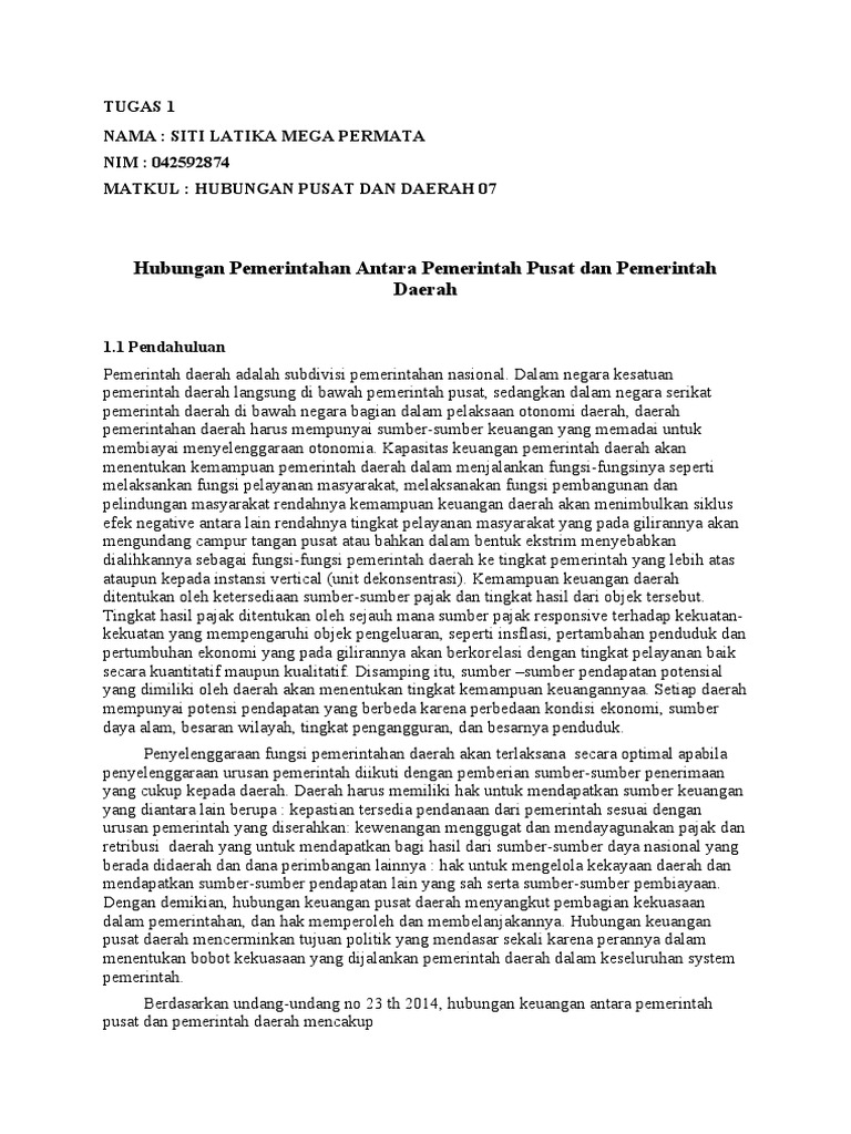 TUGAS 1 Hubungan Pusat Dan Daerah 042592874 (Siti Latika) | PDF