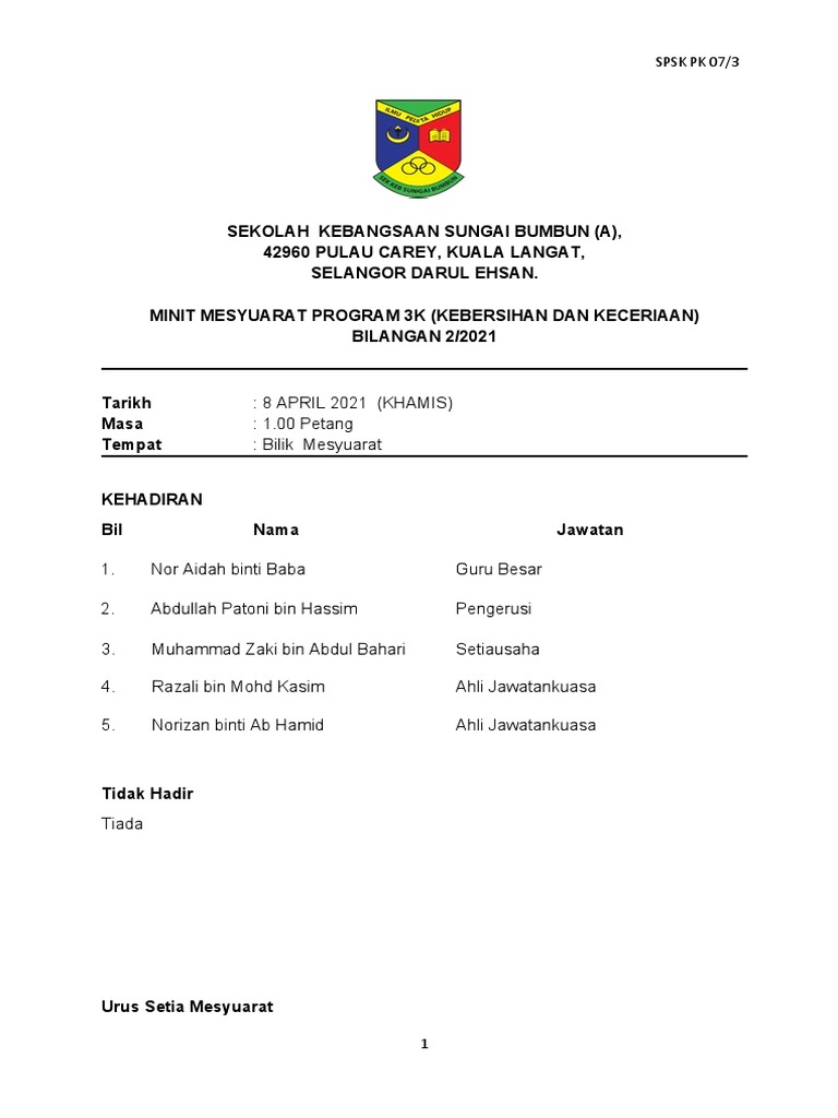 Minit Mesyuarat Program 3K (Kebersihan Dan Keceriaan) Bilangan 2-2021 | PDF
