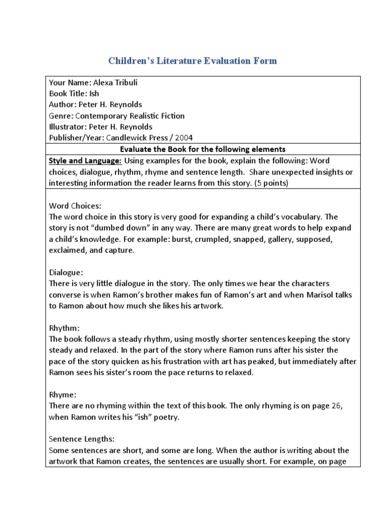 Children Literature Evaluation Form Contemporary Realistic Fiction 1 ...