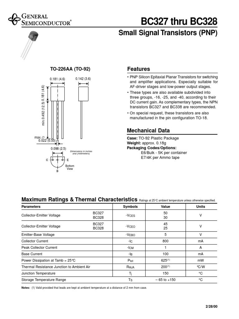 BC327 Thru BC328: Small Signal Transistors (PNP) | PDF | Bipolar ...