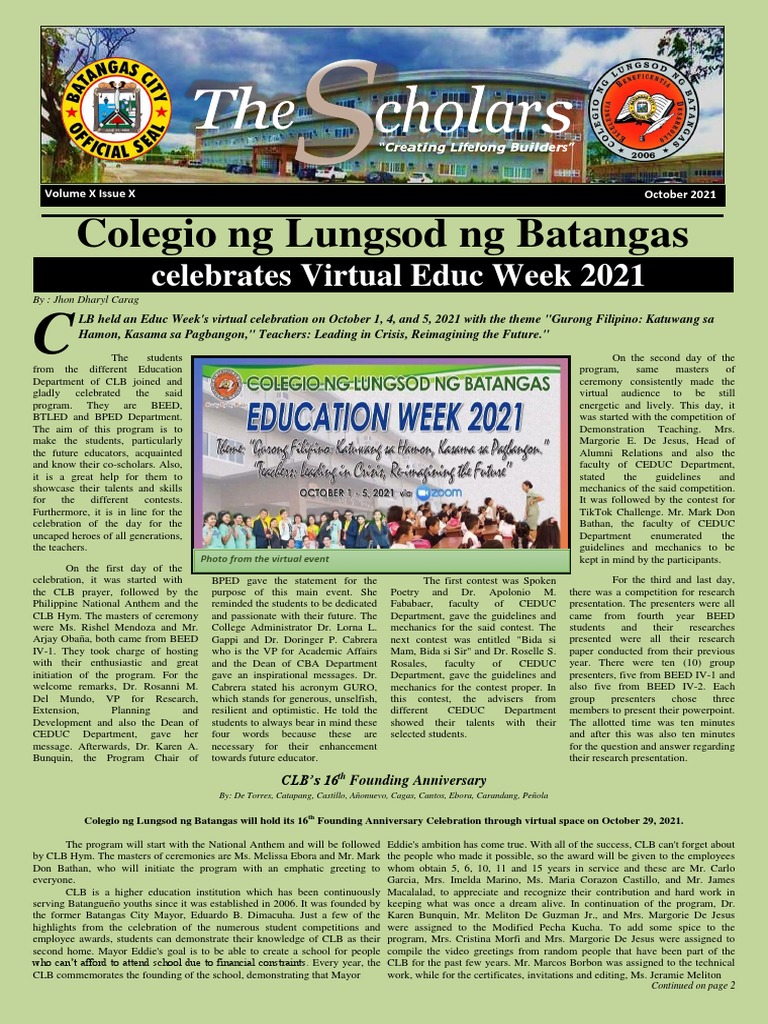 Colegio NG Lungsod NG Batangas: Celebrates Virtual Educ Week 2021 | PDF ...