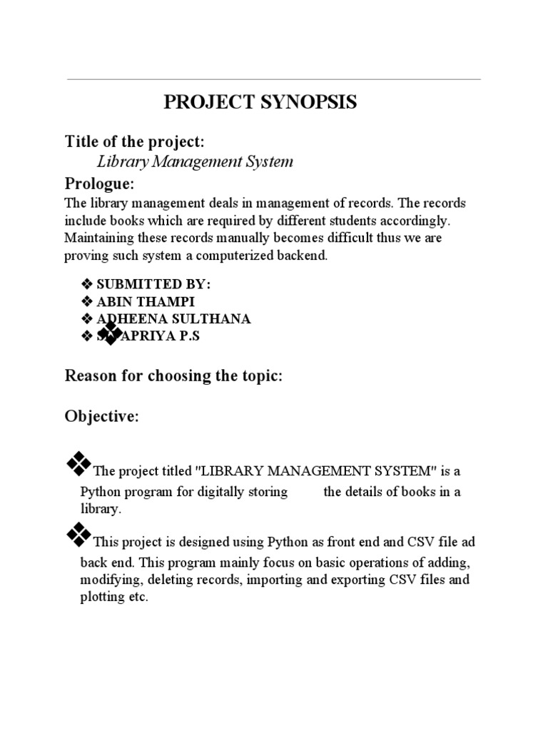 Project Synopsis: Library Management System | PDF