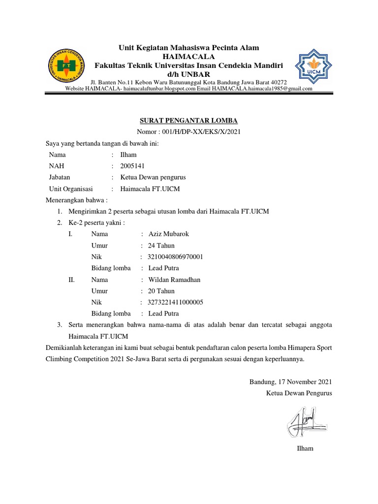 Surat Pengantar Lomba | PDF