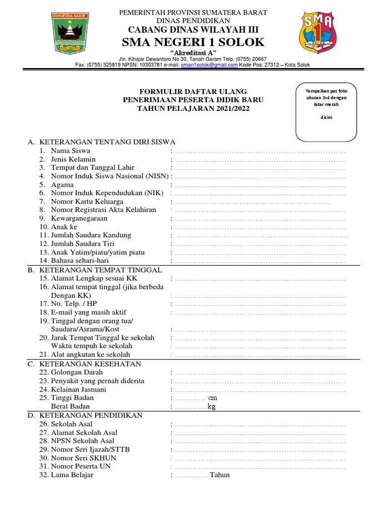 03 - Formulir Daftar Ulang PPDB Tp. 2021-2022 | PDF