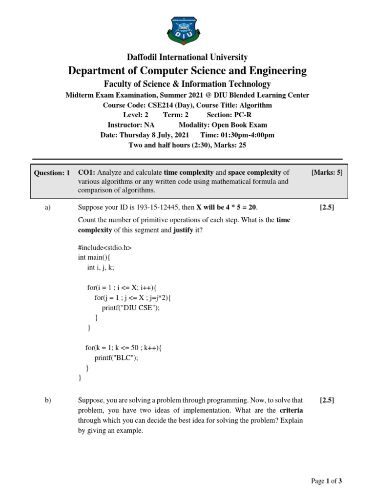 CSE214 MidTerm Summer2021 | PDF | Algorithms | Computer Science
