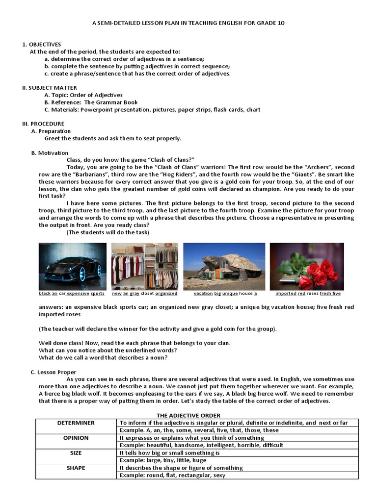 Lesson Plan Adjectives Order | PDF | Adjective | Noun
