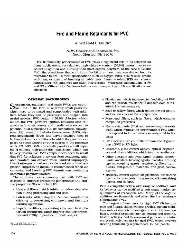 Coaker (2003) - Journal - Fire and Flame Retardants For PVC. Journal of ...