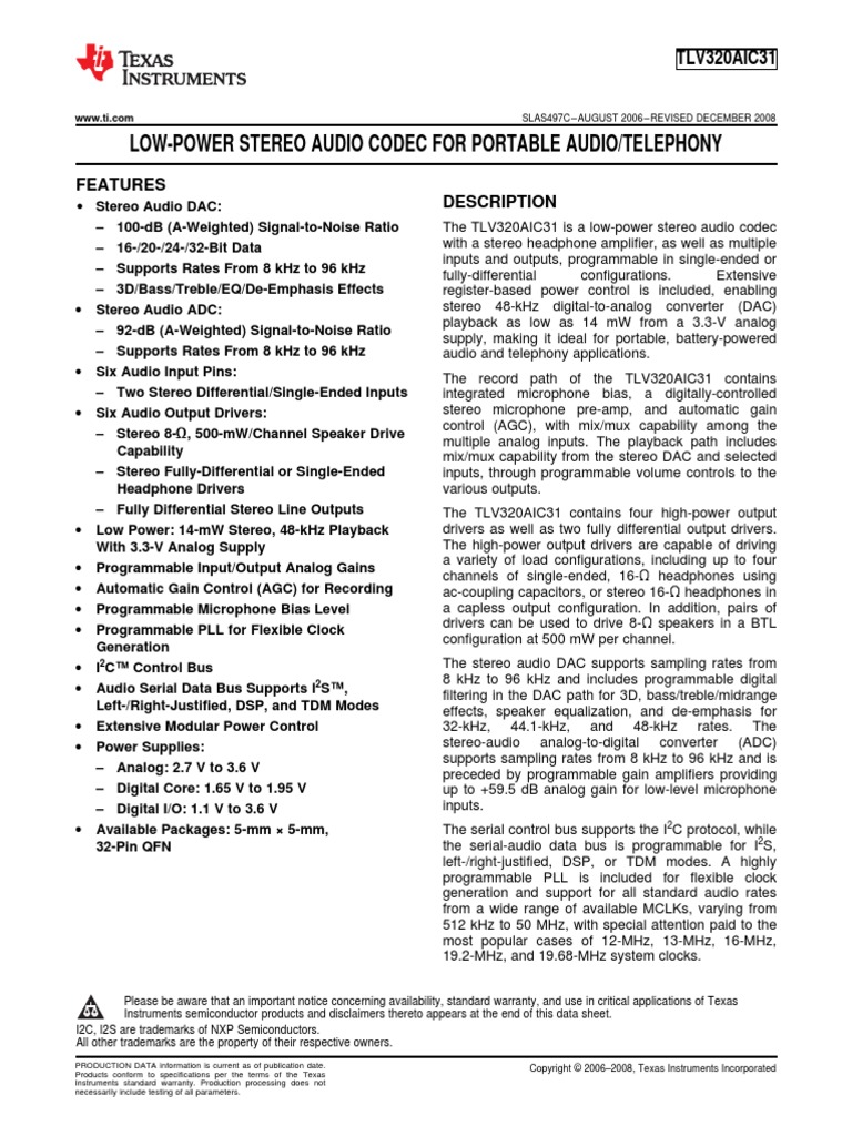 Low-Power Stereo Audio Codec For Portable Audio/Telephony: Features ...