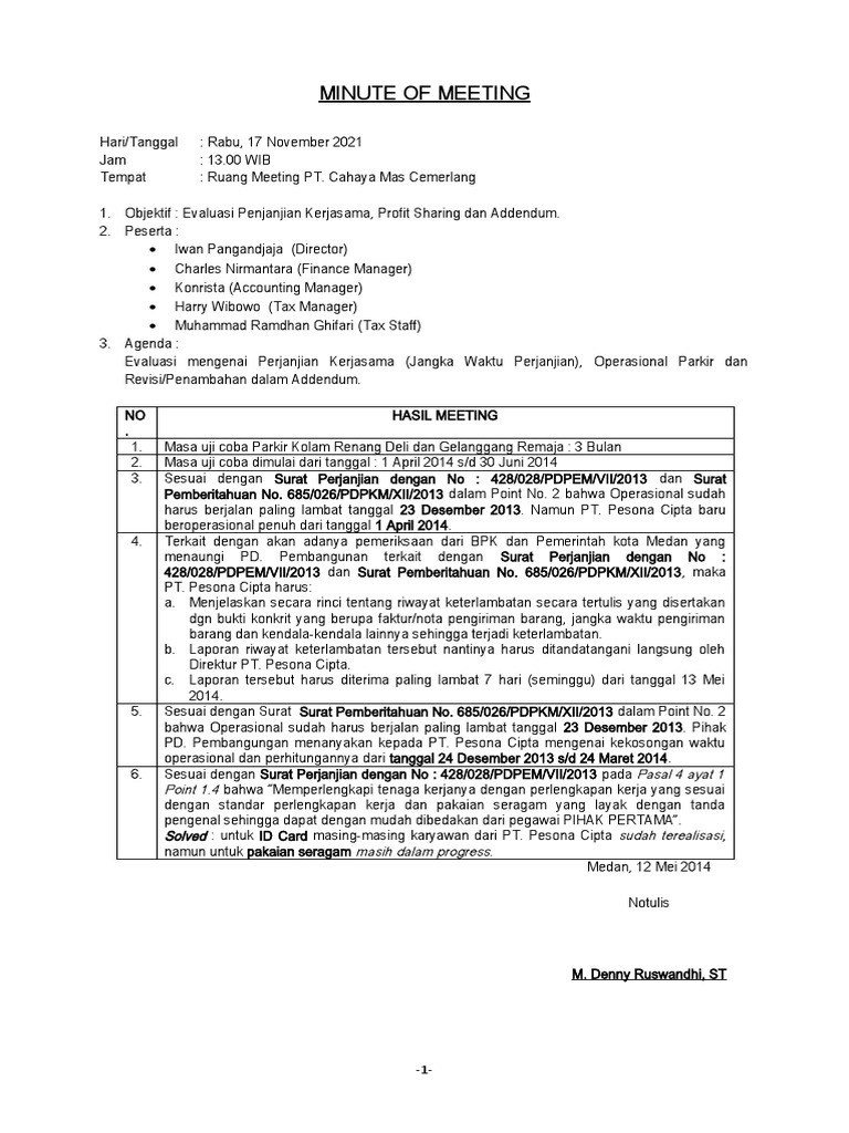 Contoh Minute of Meeting Perusahaan | PDF | Pengelolaan Keuangan & Uang