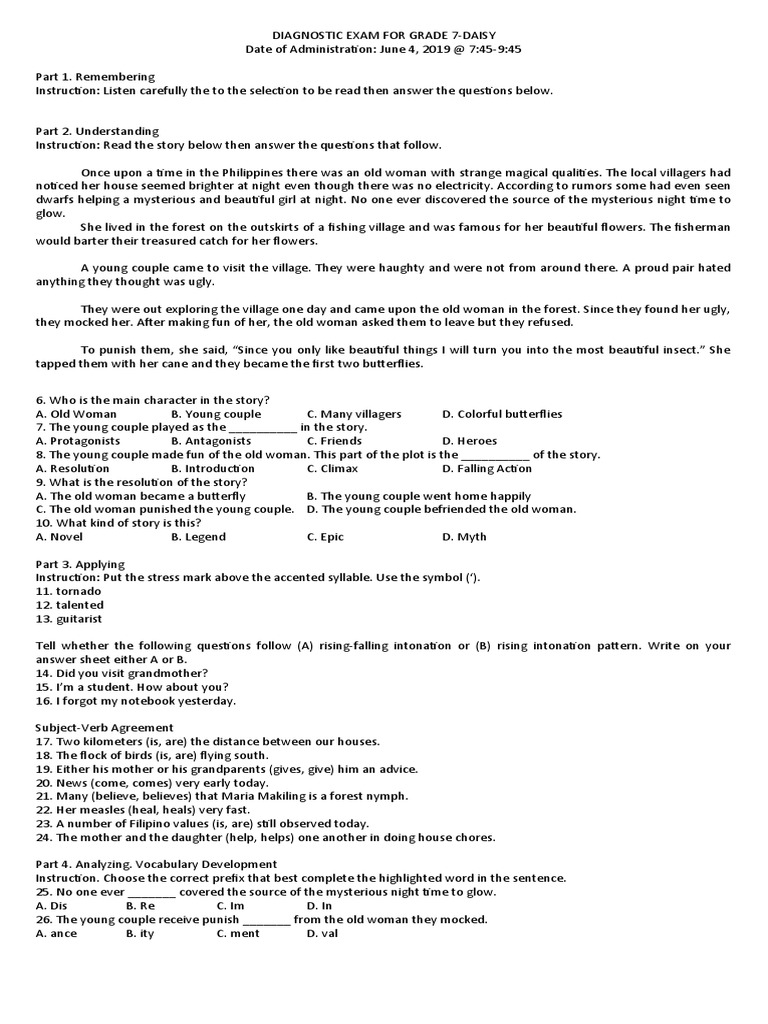 Grade 7 Diagnostic Exam | PDF | Stress (Linguistics) | Idiom