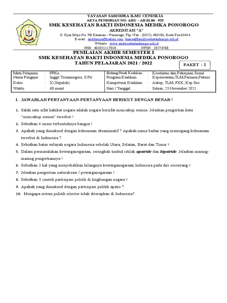 Soal Pas 1 PPKN Kelas X Paket 2 | PDF