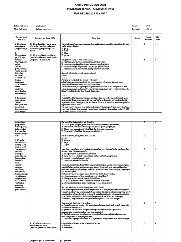 Form Kartu, Dan Naskah Soal Bindo 8 | PDF