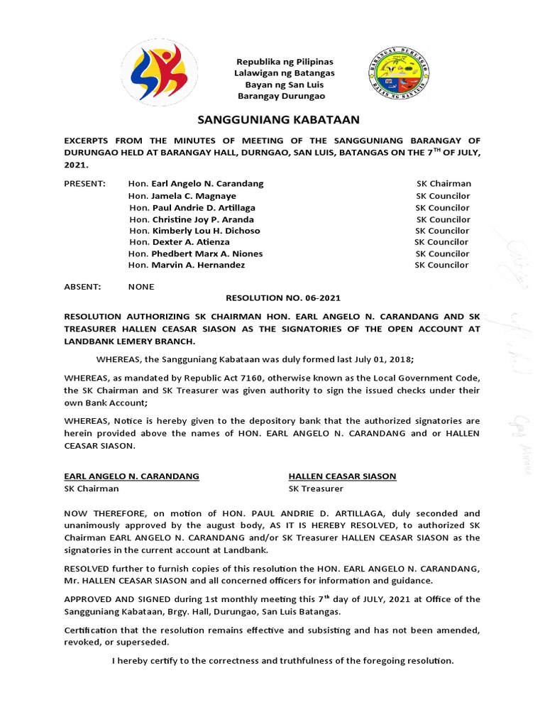 RESOLUTION SIGNATORIES Editable | PDF | Notary Public | Philippines