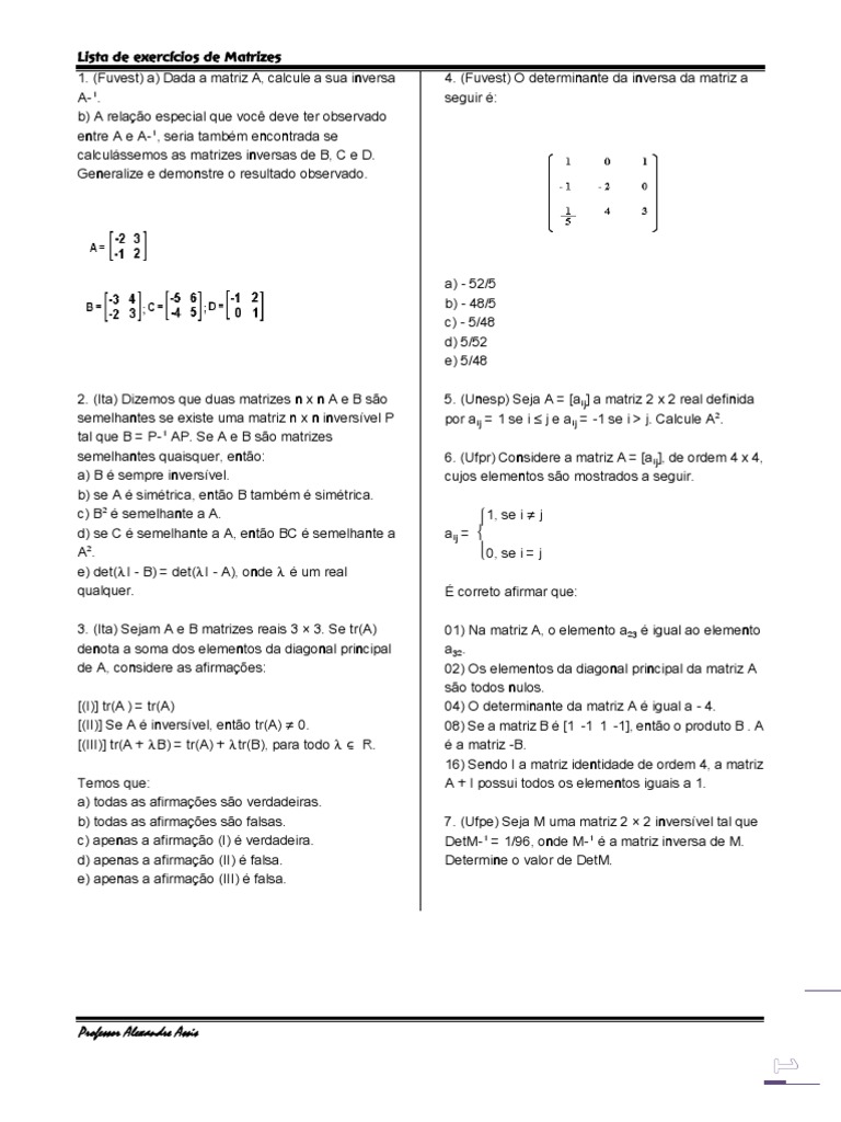 Exercícios de Matrizes 2 | Matriz (Matemática) | Determinante