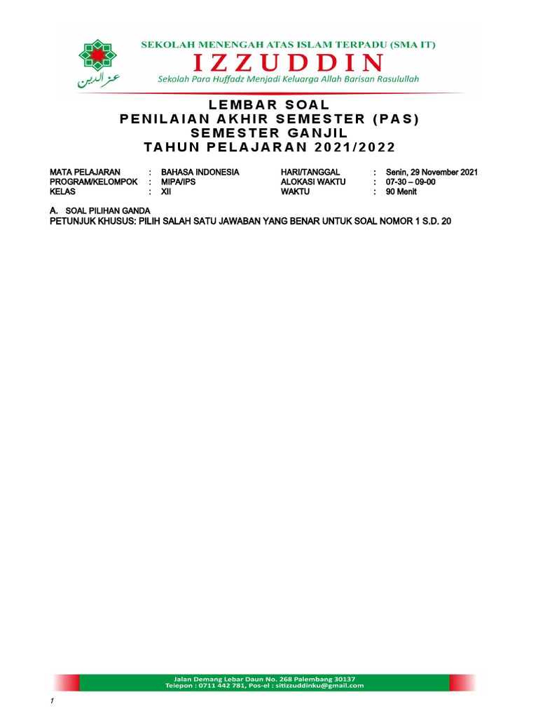 Soal Pas Ganjil Kelas 12 Bahasa Indonesia 2021-2022 | PDF