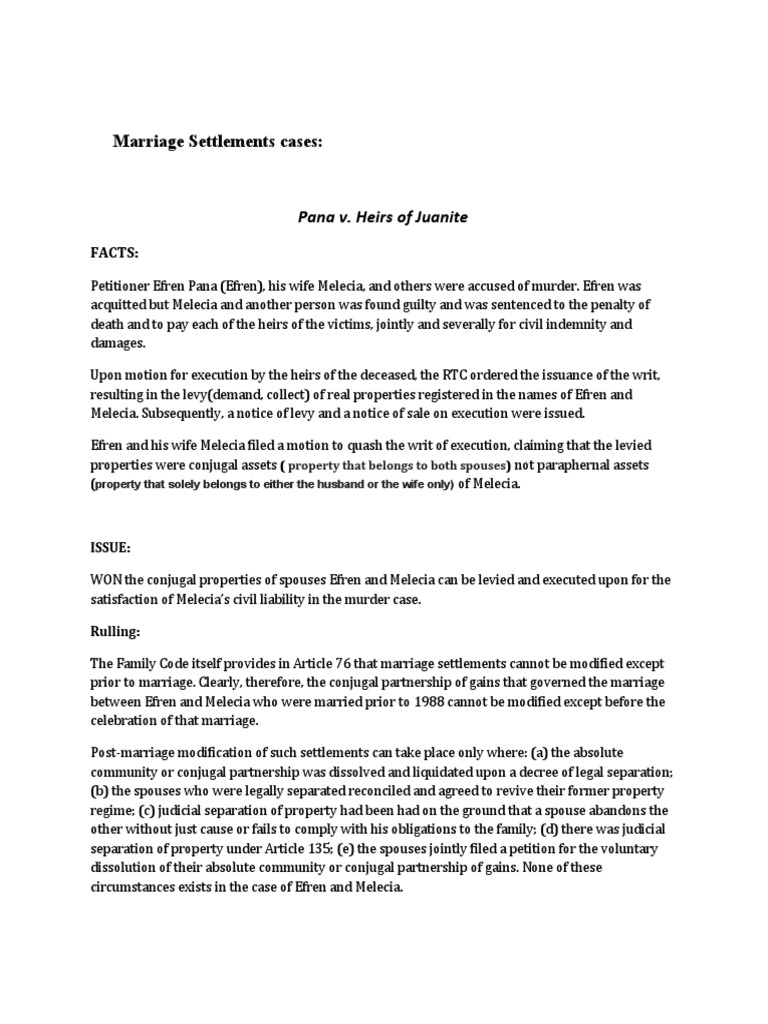 Case Digest Marriage Setllement | PDF | Mortgage Law | Marriage