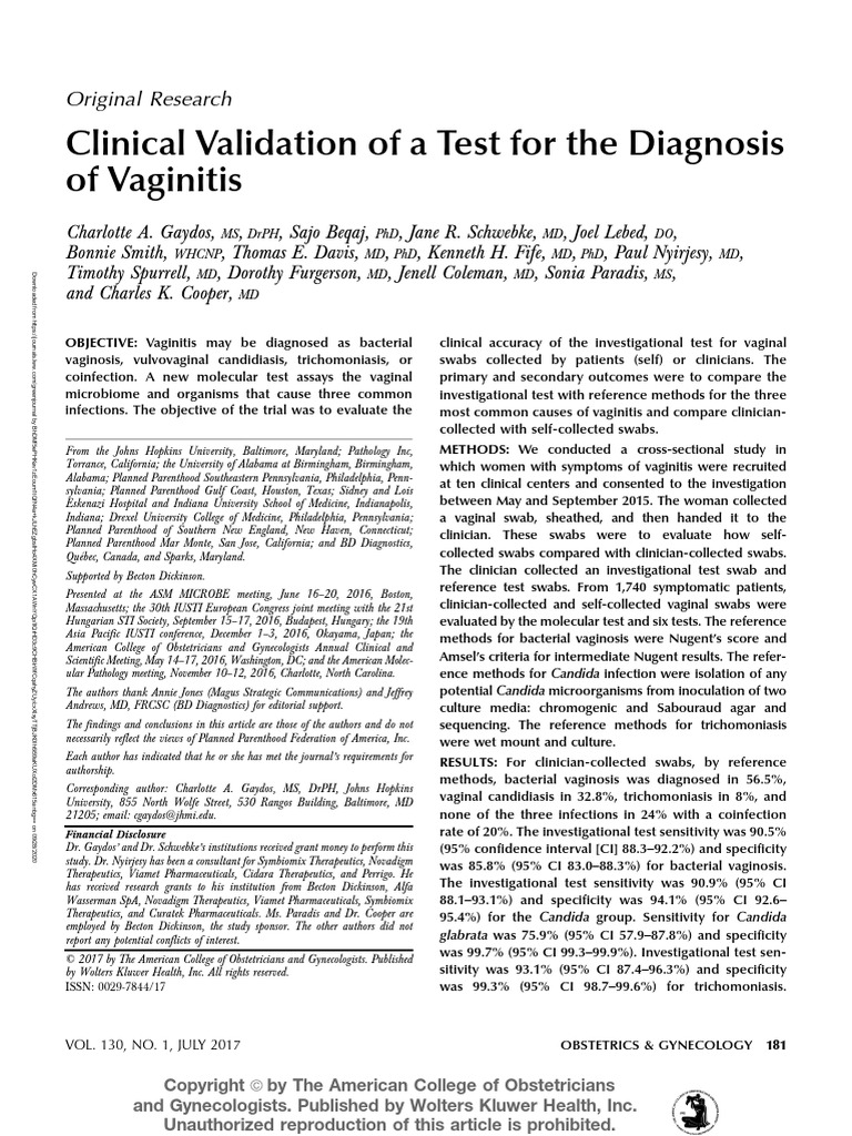 Clinical Validation of A Test For The Diagnosis of Vaginitis | PDF ...