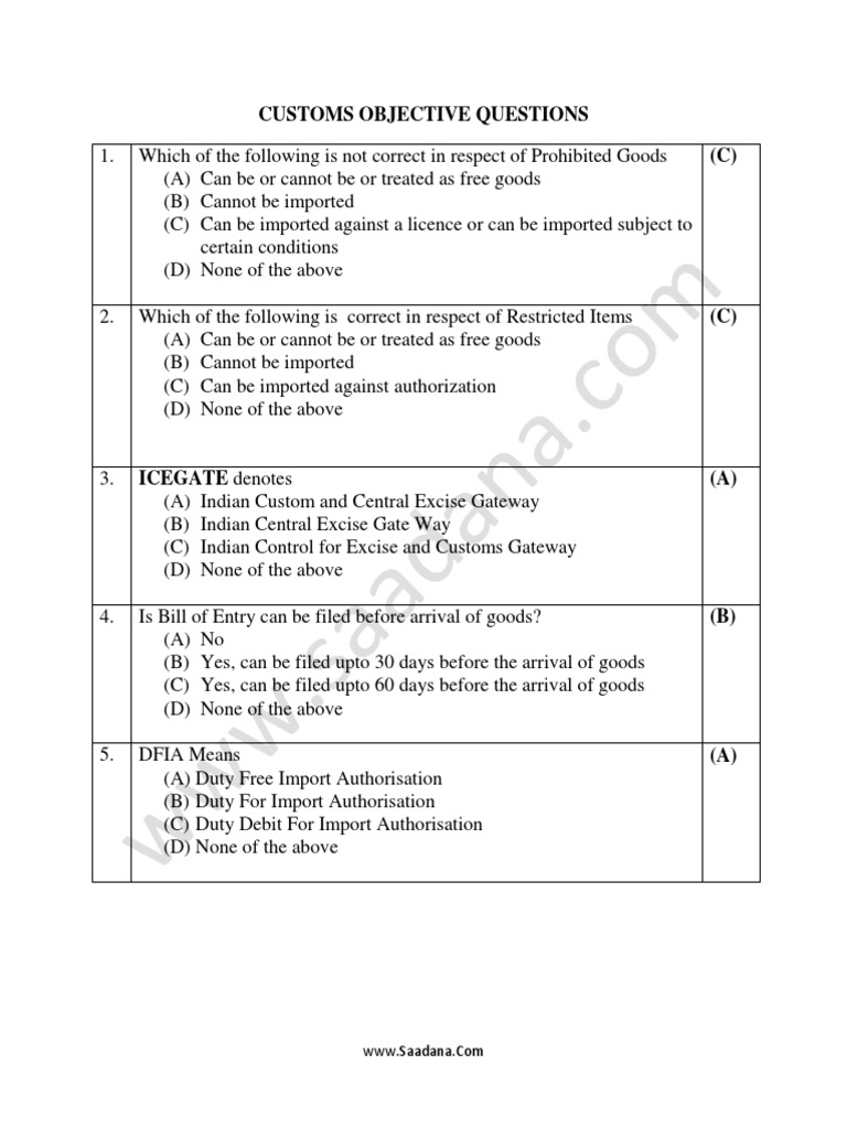 Customs Exam Objective Questions Guide | PDF | Customs | International ...