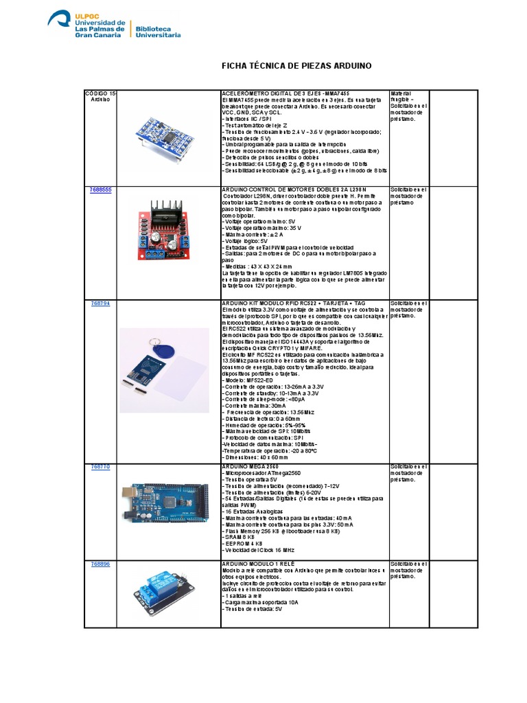 Ficha técnica piezas arduino | PDF | Relé | Arduino
