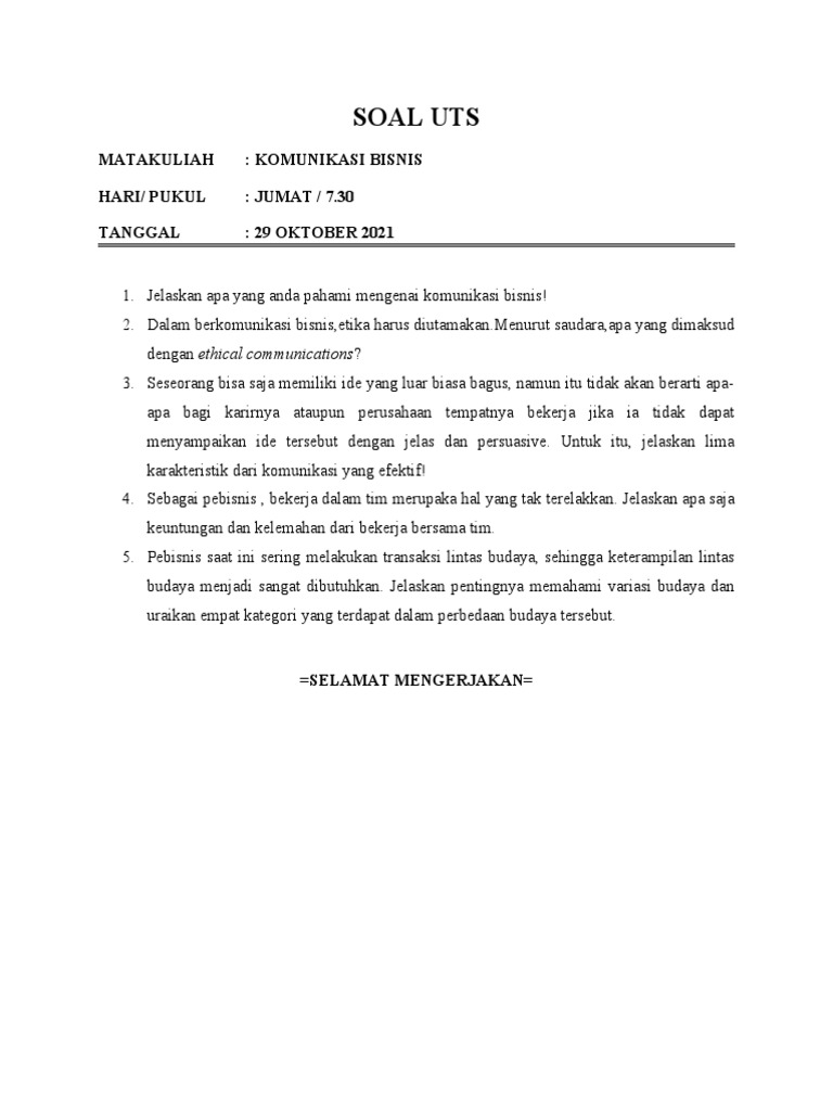 Soal Uts Komunikasi Bisnis | PDF