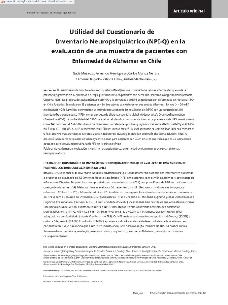 NPI-Q in Chile, Musa Et Al., 2017 (1) .En - Es | PDF | Demencia ...