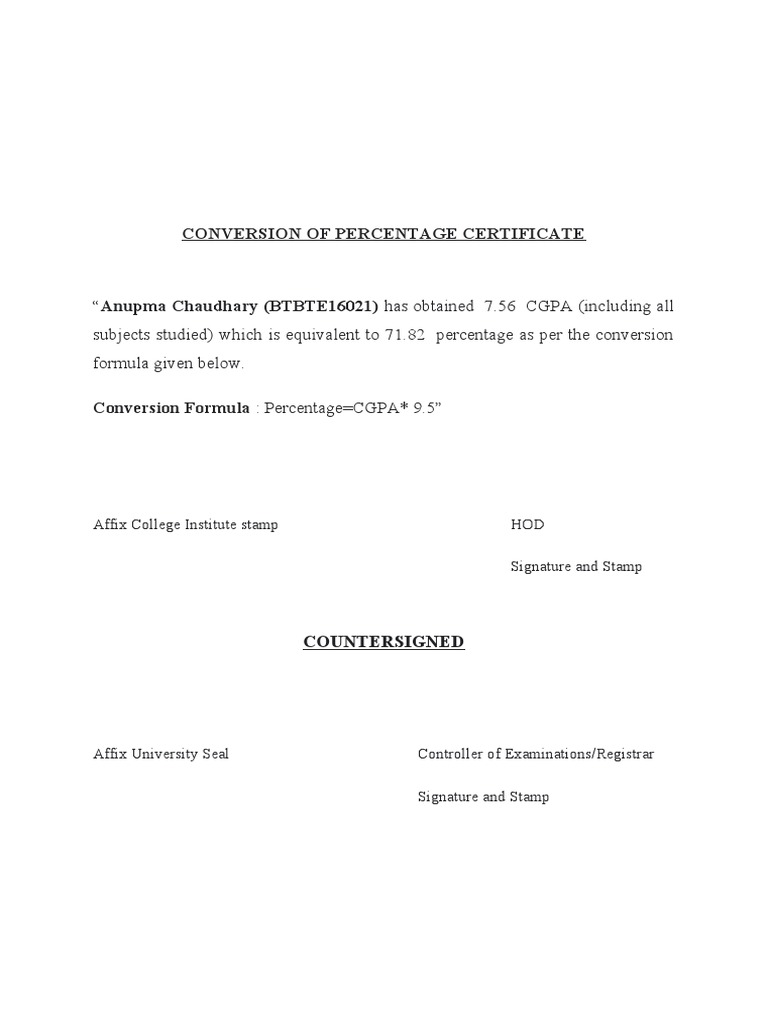 Conversion of Percentage Certificate | PDF
