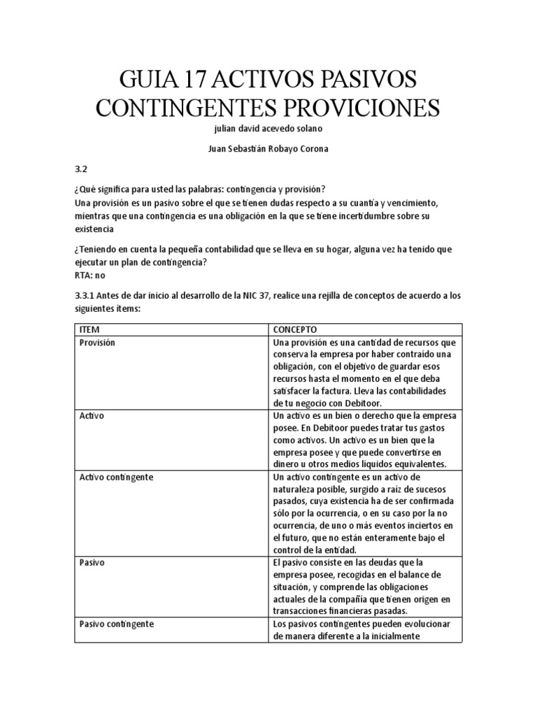 Guia 17 Activos Pasivos Contingentes Proviciones | PDF | normas ...